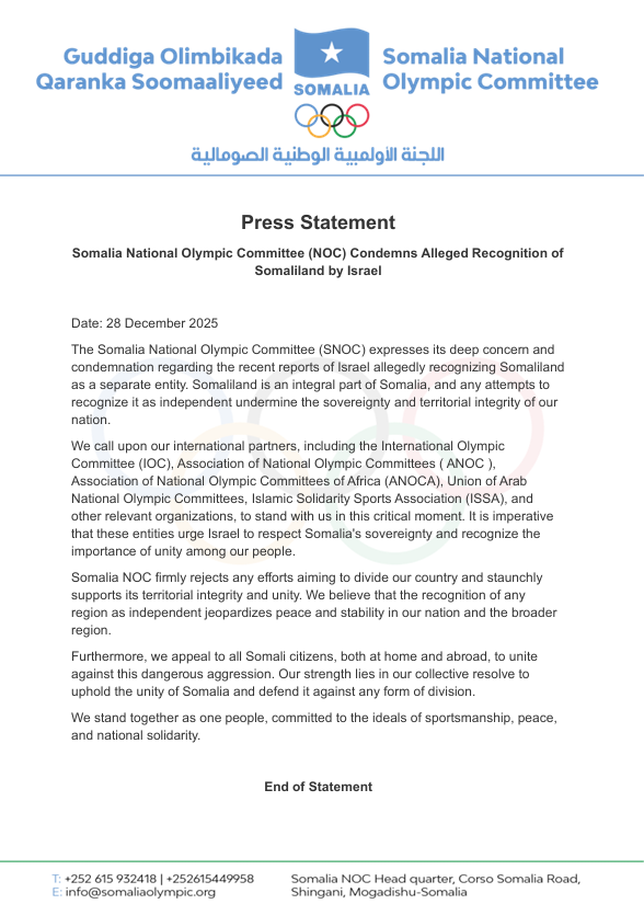 Somalia NOC Condemns Israel’s Recognition of Somaliland, Urges IOC and ...