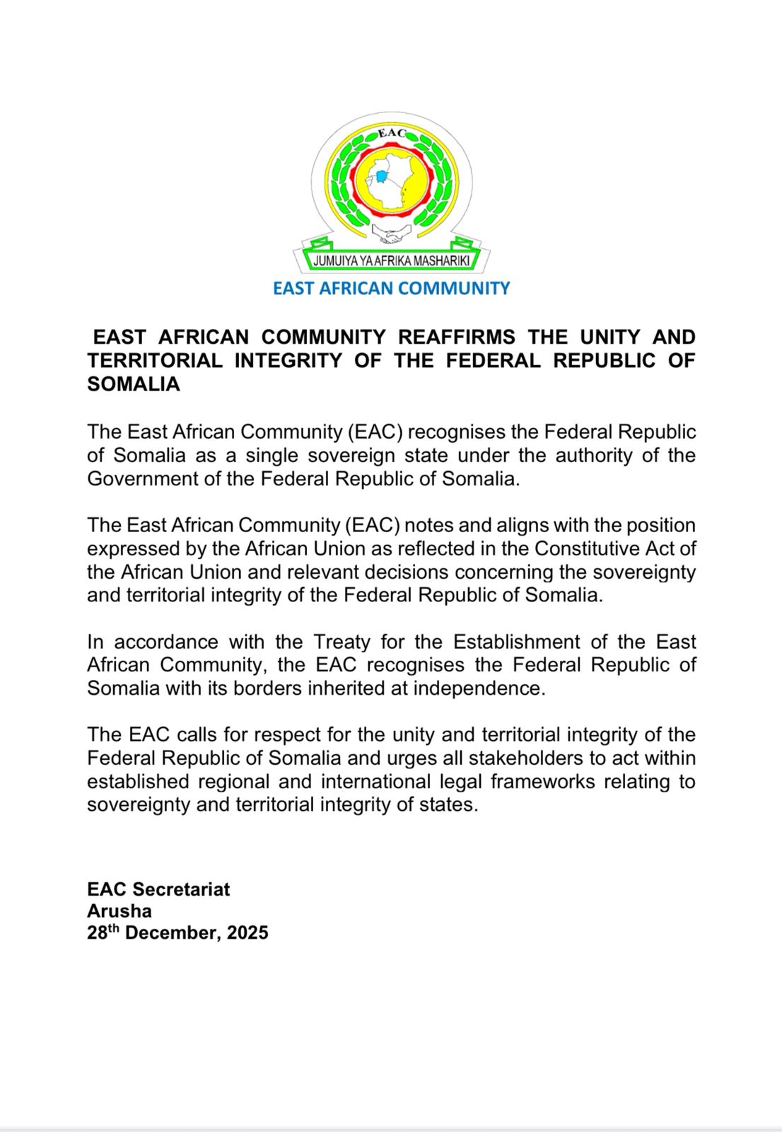 EAST AFRICAN COMMUNITY REAFFIRMS THE UNITY AND TERRITORIAL INTEGRITY OF ...